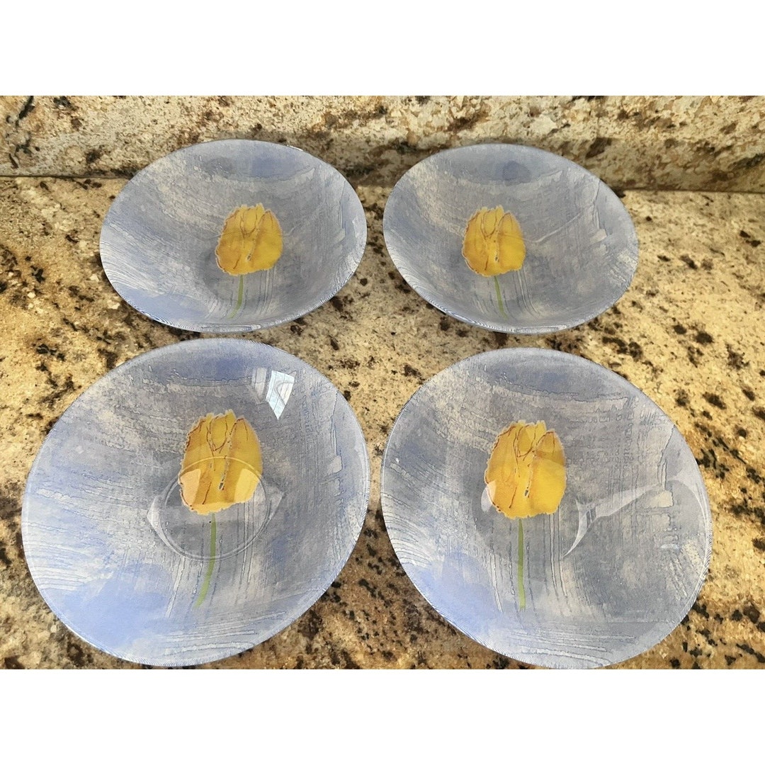 ARC France Arcopal Blue Glass Yellow Tulips Bowls Dishes Set of 4 NEW ...