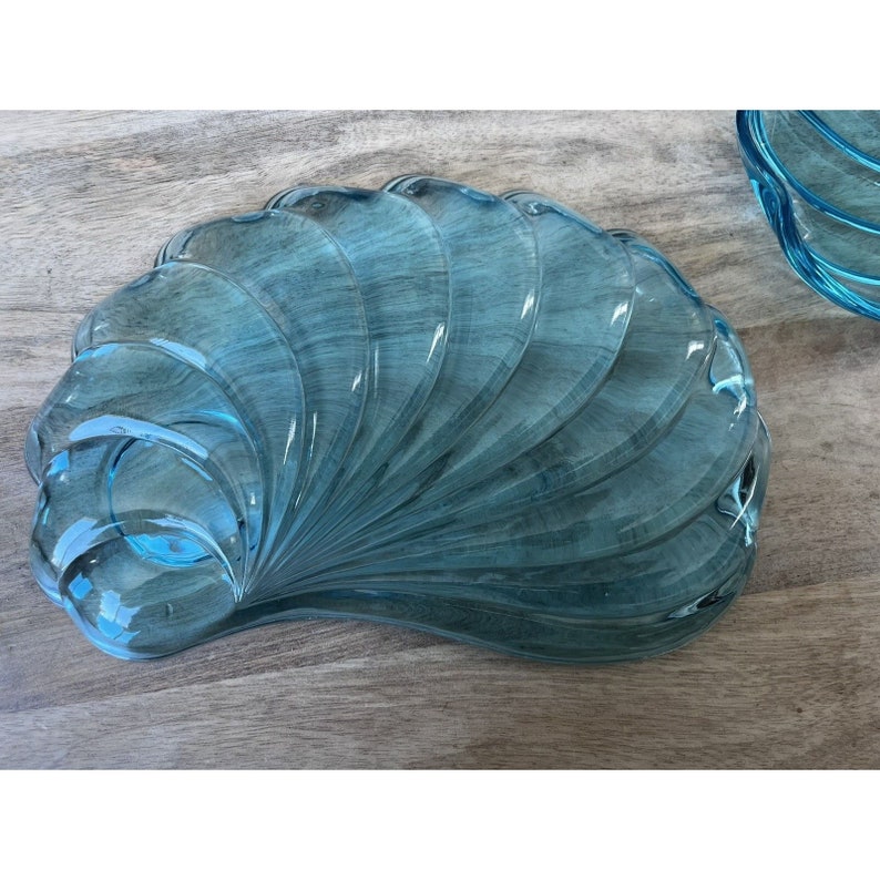 Set of 4 Hazel Atlas Glass Capri Blue Colonial Swirl Seashell Snack ...