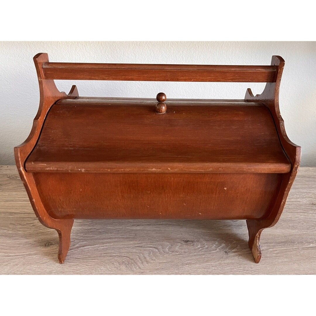 Wood Sewing Knitting Box With Legs and Handle 2 Doors Vintage Space for ...