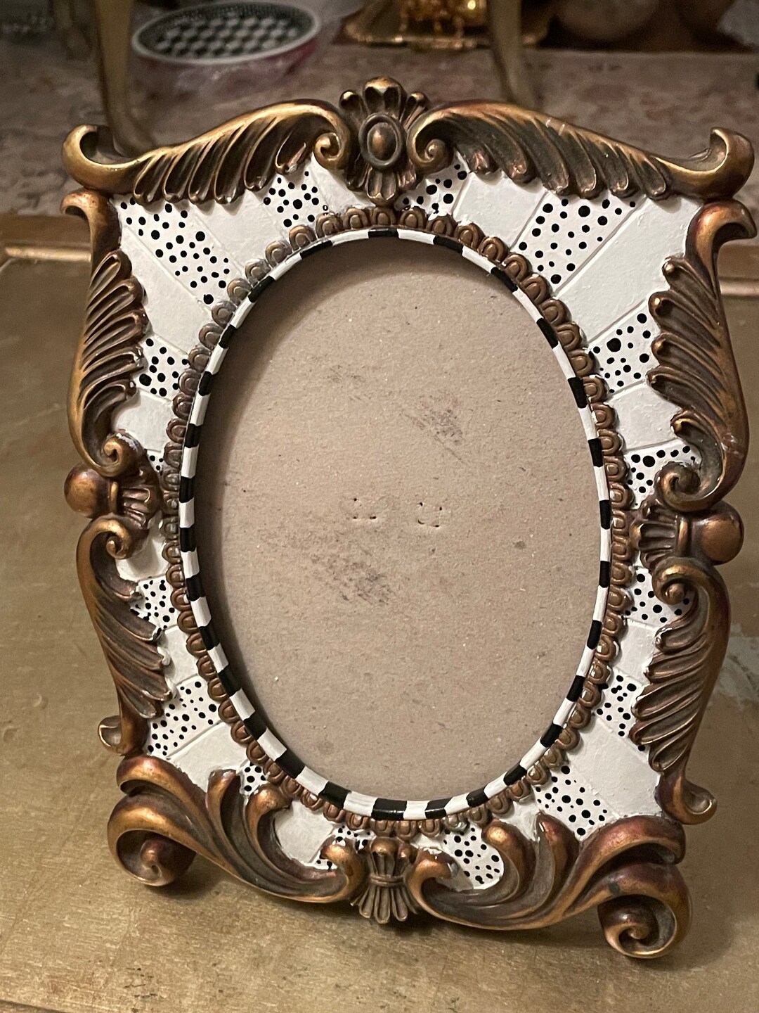 Hand Painted Gold Toned Picture Frame Black and White Checks Dots - Etsy