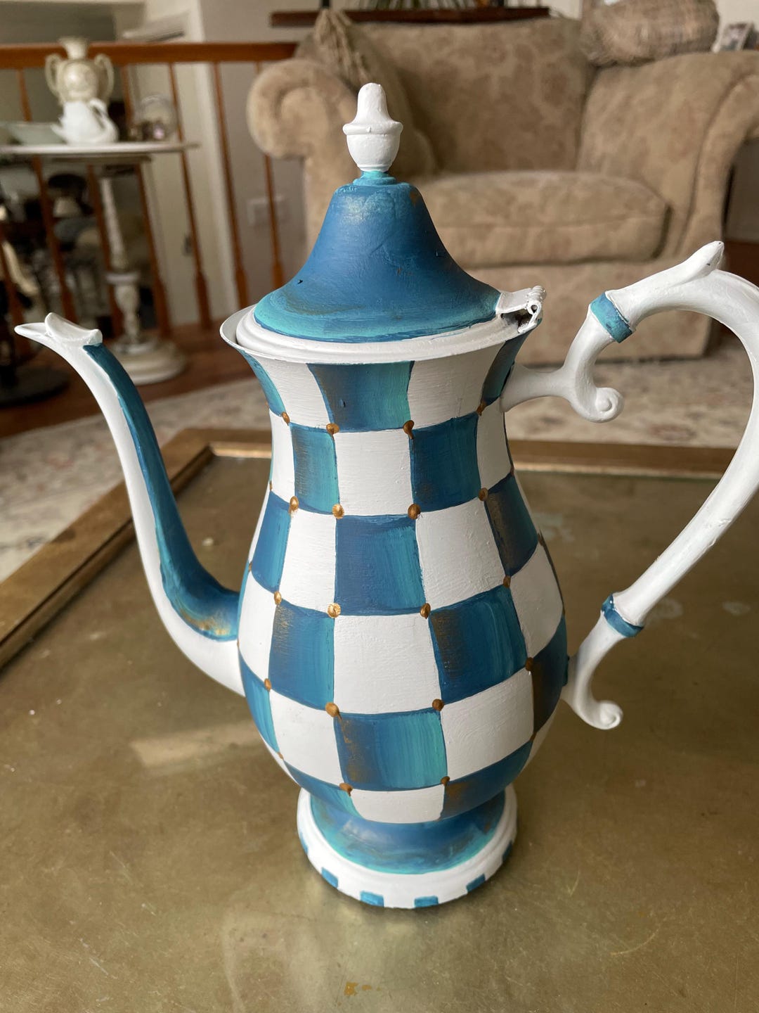 Silverplate Hand Painted Vintage Tea/coffee Pot Royal Blue Checks - Etsy