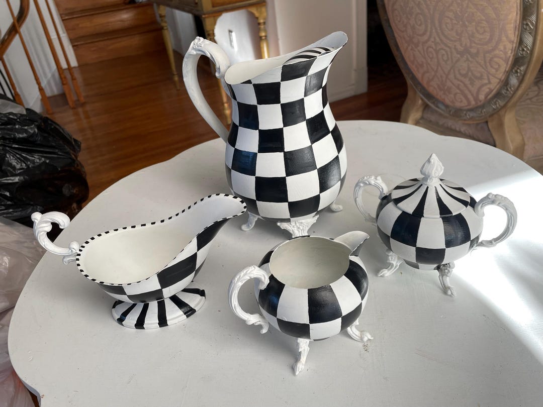 Hand Painted Silverplate Pitcher, Creamer, Sugar Bowl and Gravyboat B&W ...