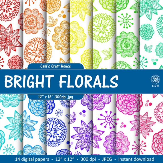 Bright Floral Digital Papers 14 large floral backgrounds in | Etsy
