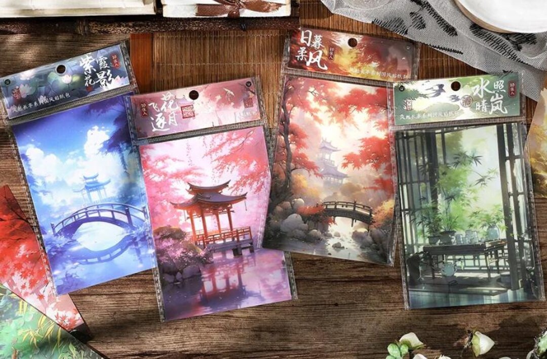10 Big, Background Stickers. Japanese Theme. Pagoda. Sakura. Koi Pond ...
