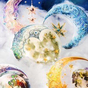 6 PET Stickers. Glossy. Fantasy. Moon. Moon Phases. Stars. Starry Sky ...