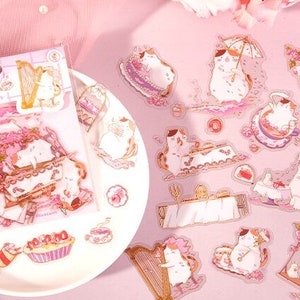 40, Gold Foil, PET Stickers. Kawaii. Cartoon Cat. Sakura. Cherry ...