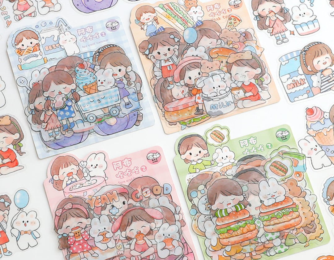 27, Kawaii, Cartoon, Girl and Rabbit, Stickers. Food Party. Stationery ...
