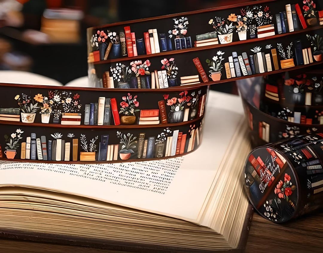 Bookcase PET Tape and Stickers. Books. Bookshelf. Plants. Reading ...