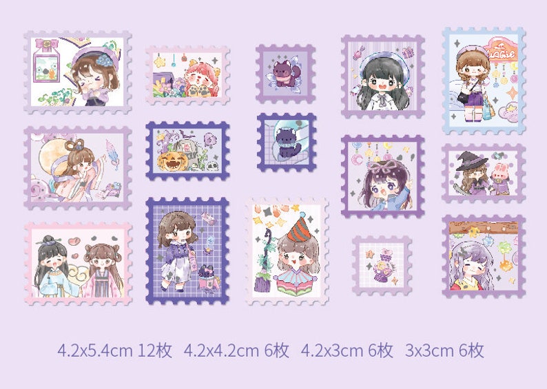 30, Kawaii, Anime, Little Girl, Stickers. Stamps. Rectangular. Cartoon ...