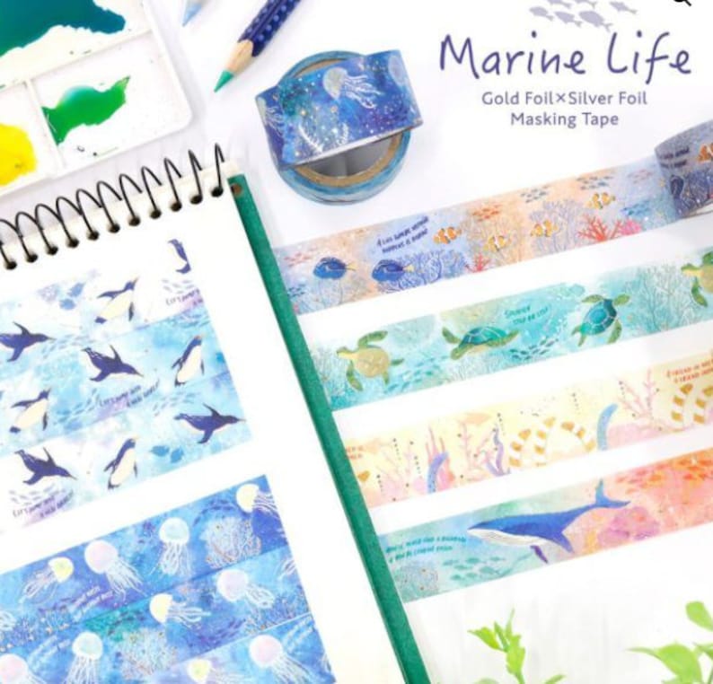 6 Designs. SAIEN. Marine Life. Silver Foil. Japanese Washi Tape. Sea ...