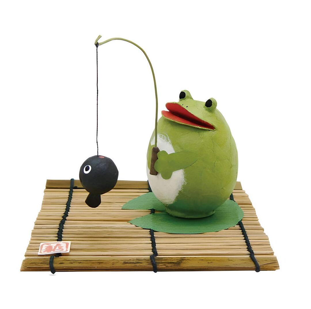 Japanese, Chigiri Paper Figurine. With Bamboo Mat. Fishing Frog. Black ...