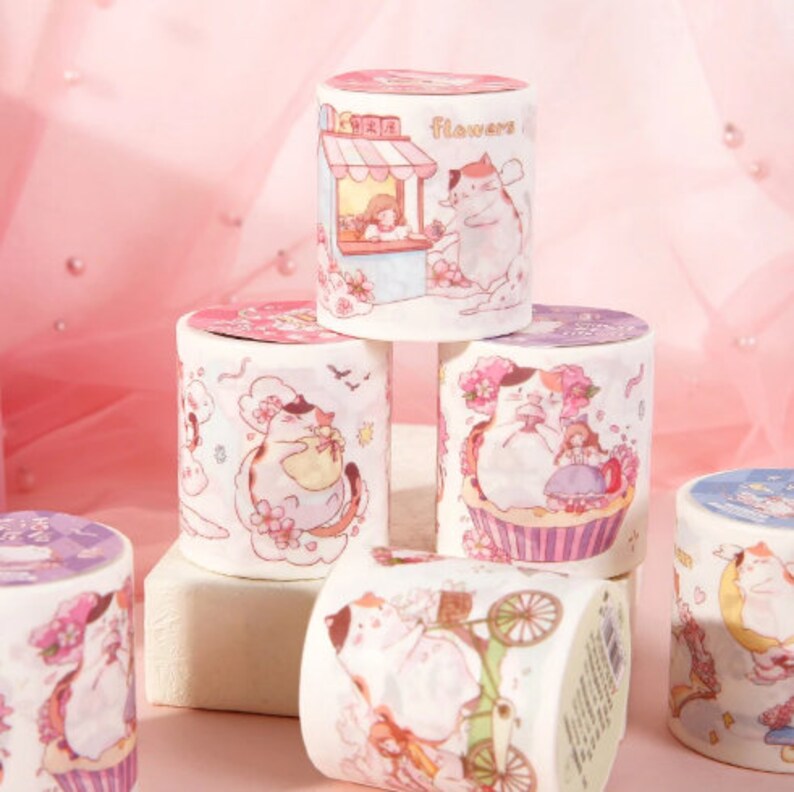 1 Roll. Cartoon Cat. Kawaii. Cherry Blossom. Sakura. Kitten. Washi Tape ...