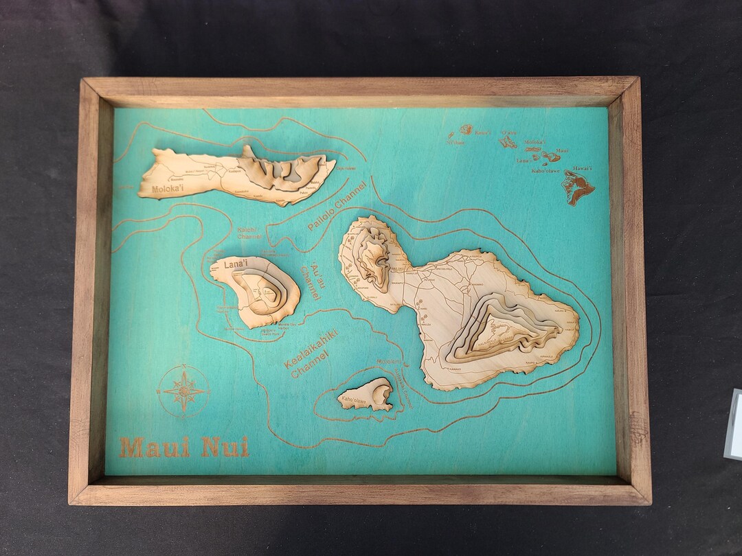 Laser Engraved 3D Wood Maui Nui Map - Framed Maui Nui Hawaii Engraved ...