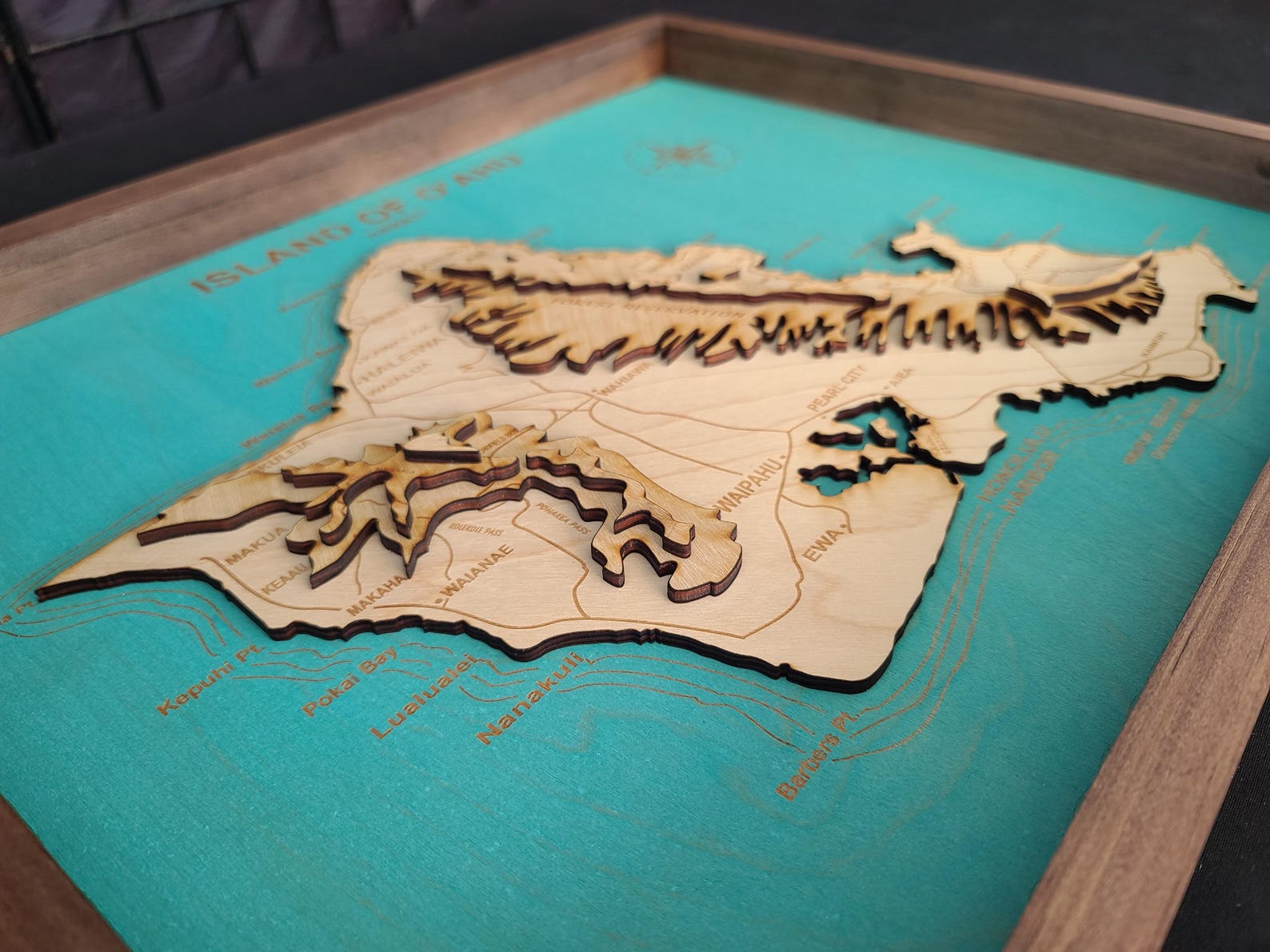 Laser Engraved 3D Wood Map of the Island of Oahu - Framed Oahu Hawaii ...