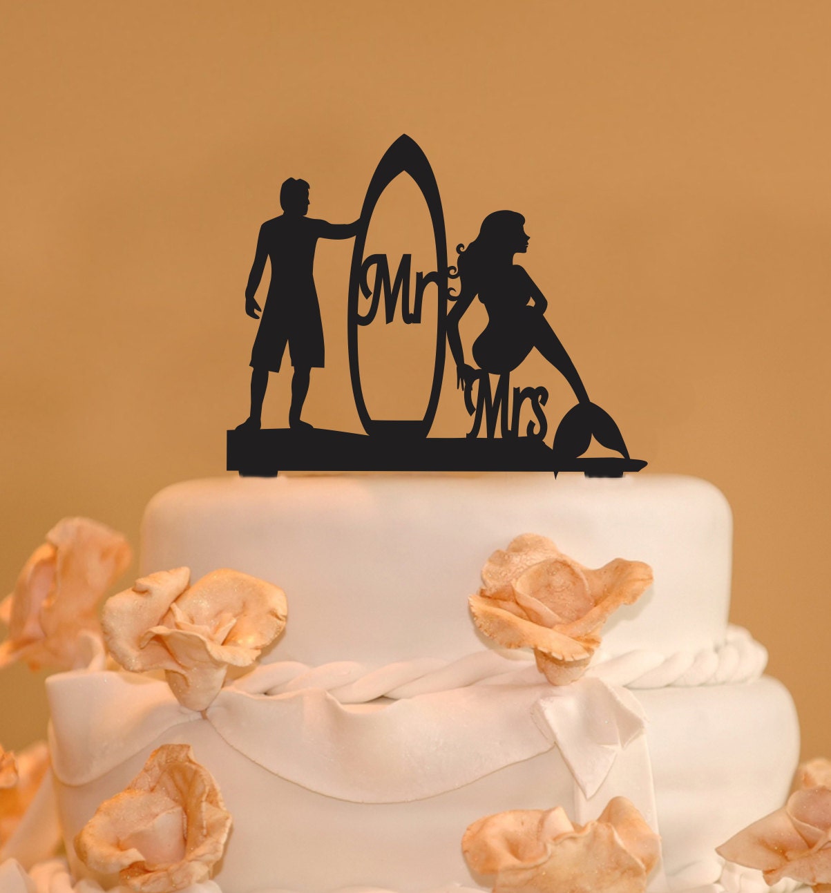 Mr. and Mrs. Surfer and Mermaid Wood Wedding Cake Topper - Mermaid ...