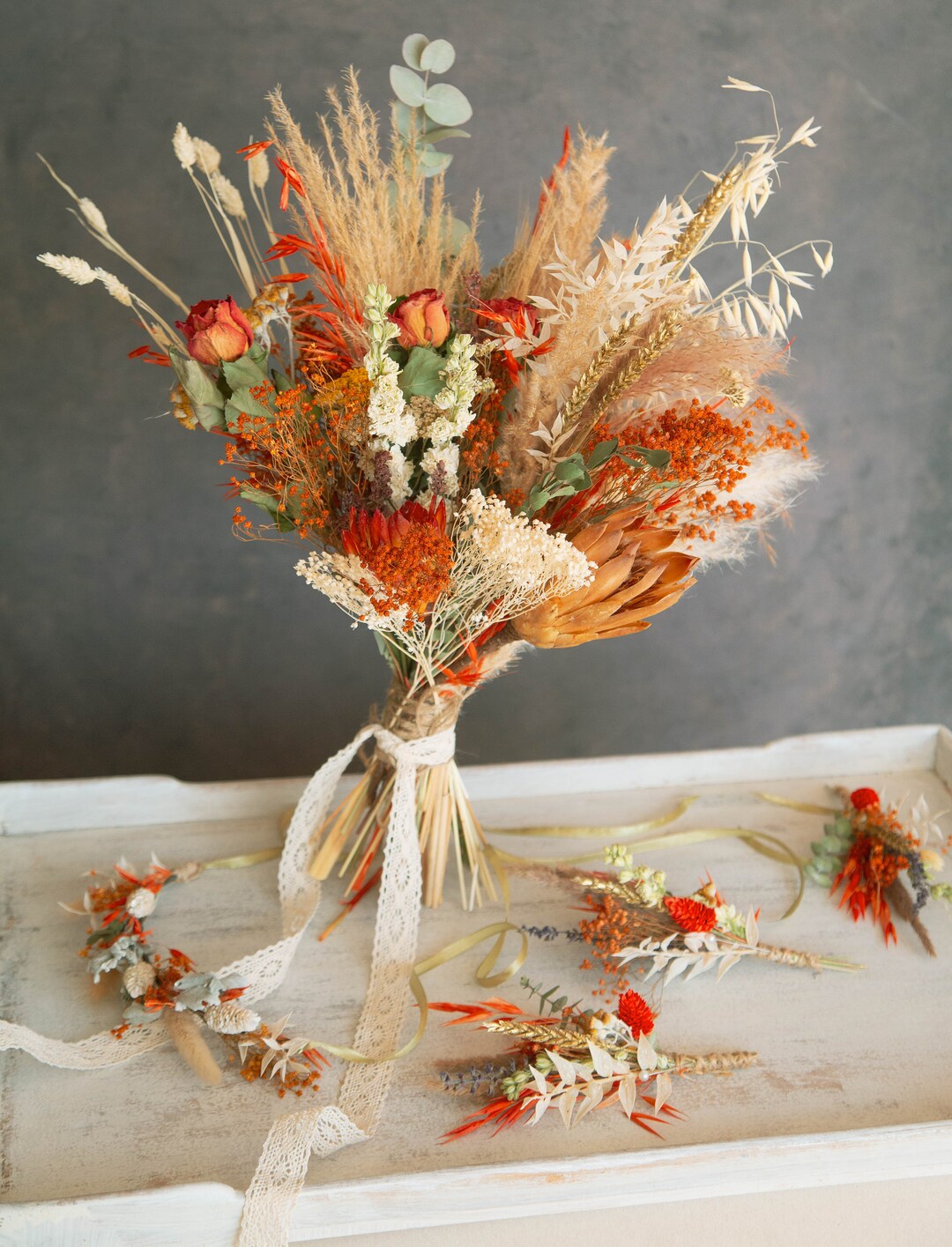 Ramo de flores secas Sunset Haze: Decoración rústica para mesa de boda ...