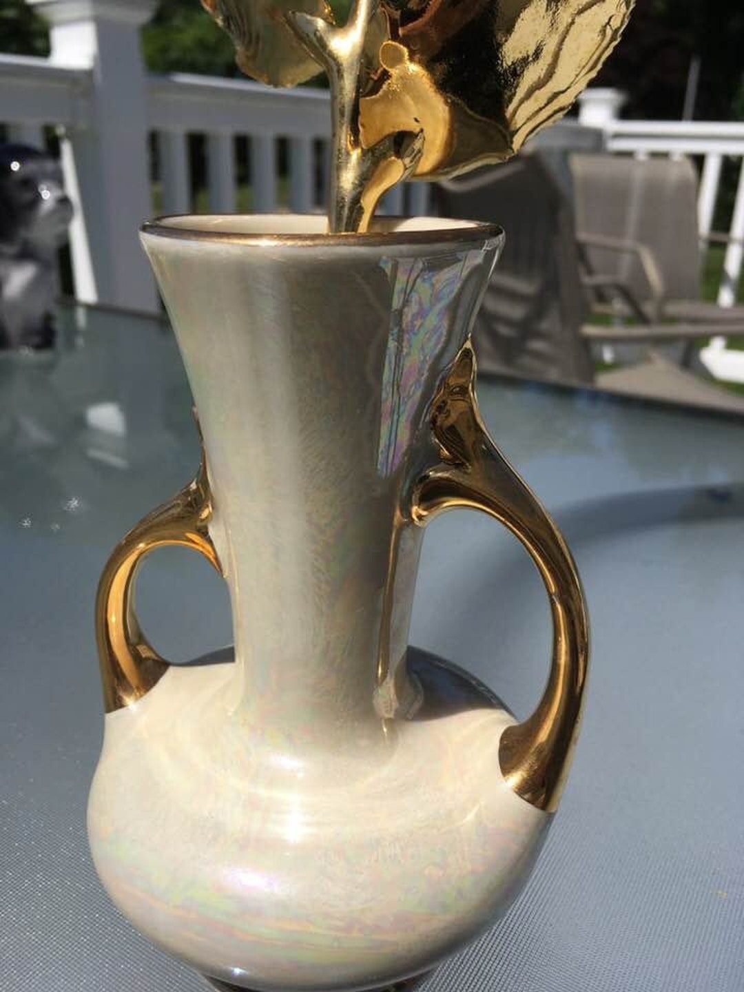 Pearl China Iridescent Vase: 22 KT Gold Hand Decorated Double Handled ...