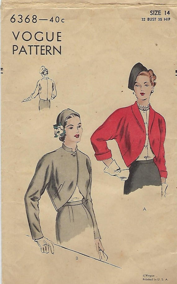 Vogue Pattern 6368 Misses' Vintage Shaped Bolero Jacket | Etsy