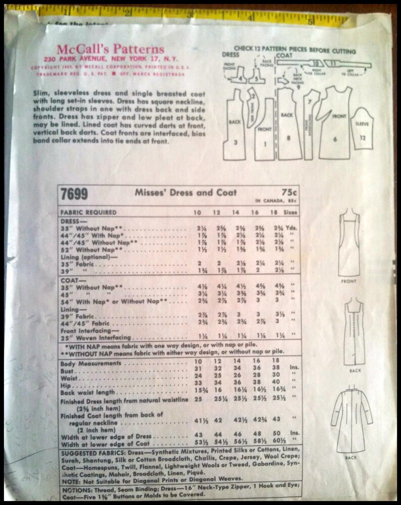 McCall's 7699 Misses' Dress And Coat Bust 36 | Etsy