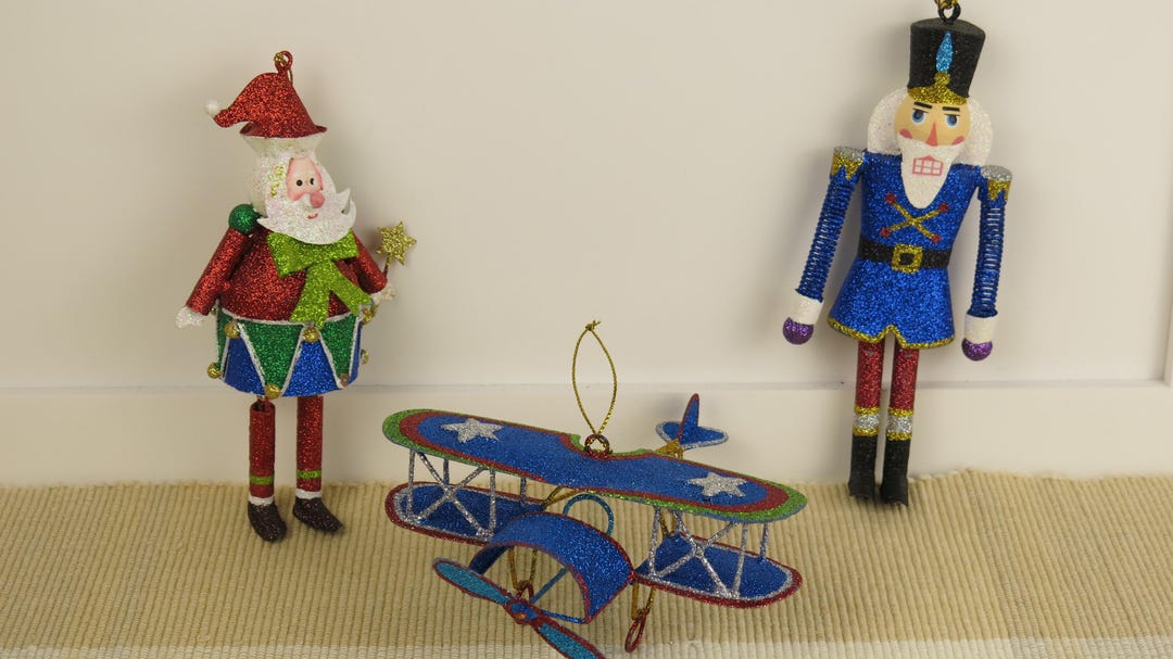 Sparkly Christmas Tree Ornaments: Santa, Nutcracker, Airplane Set of 3 ...