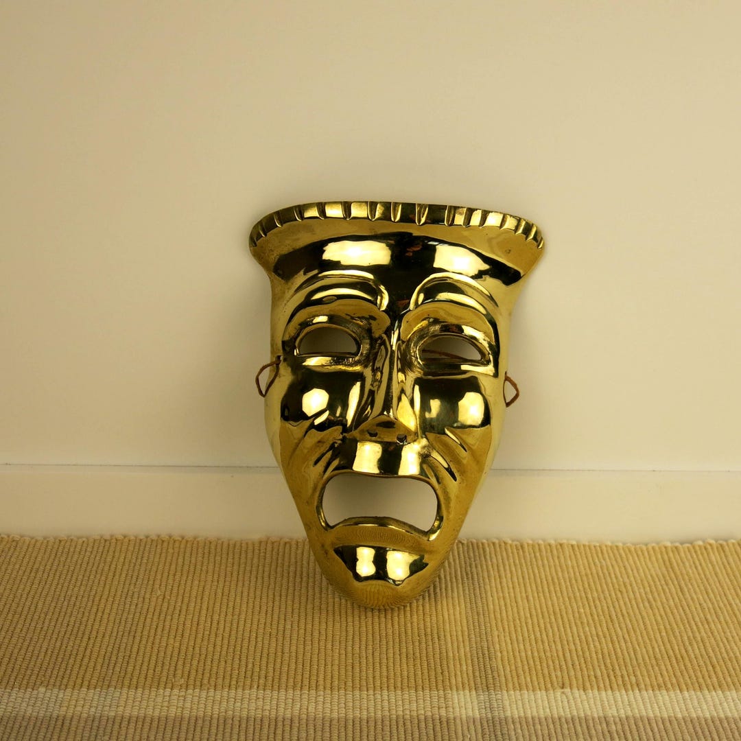 Vintage Brass Tragedy Mask, MCM Wall Decor With Leather String for ...