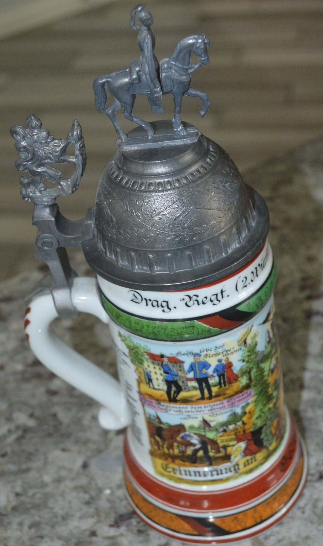 Antique Regimental Stein W Cavalry on Top, 11.5 Tall, Dragon Regt N. 26 ...