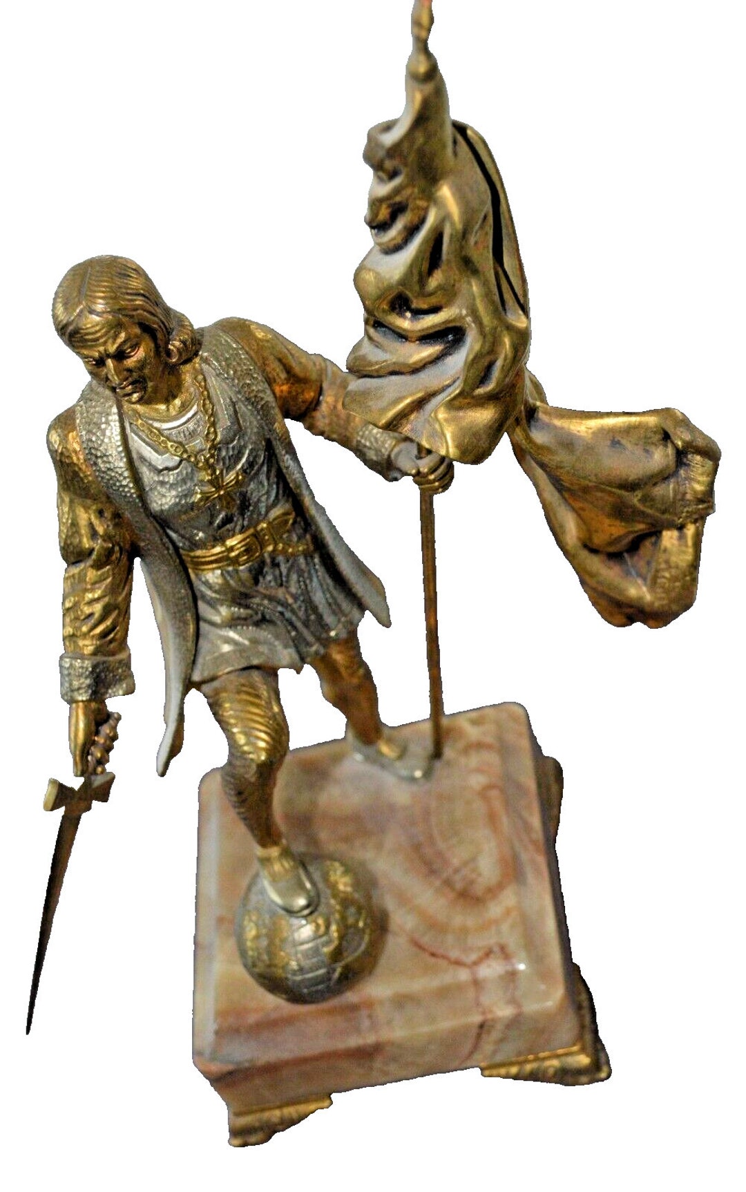 Bronzed Rare Conquistador Statue, Hand-made, Foot on Globe, Sword ...