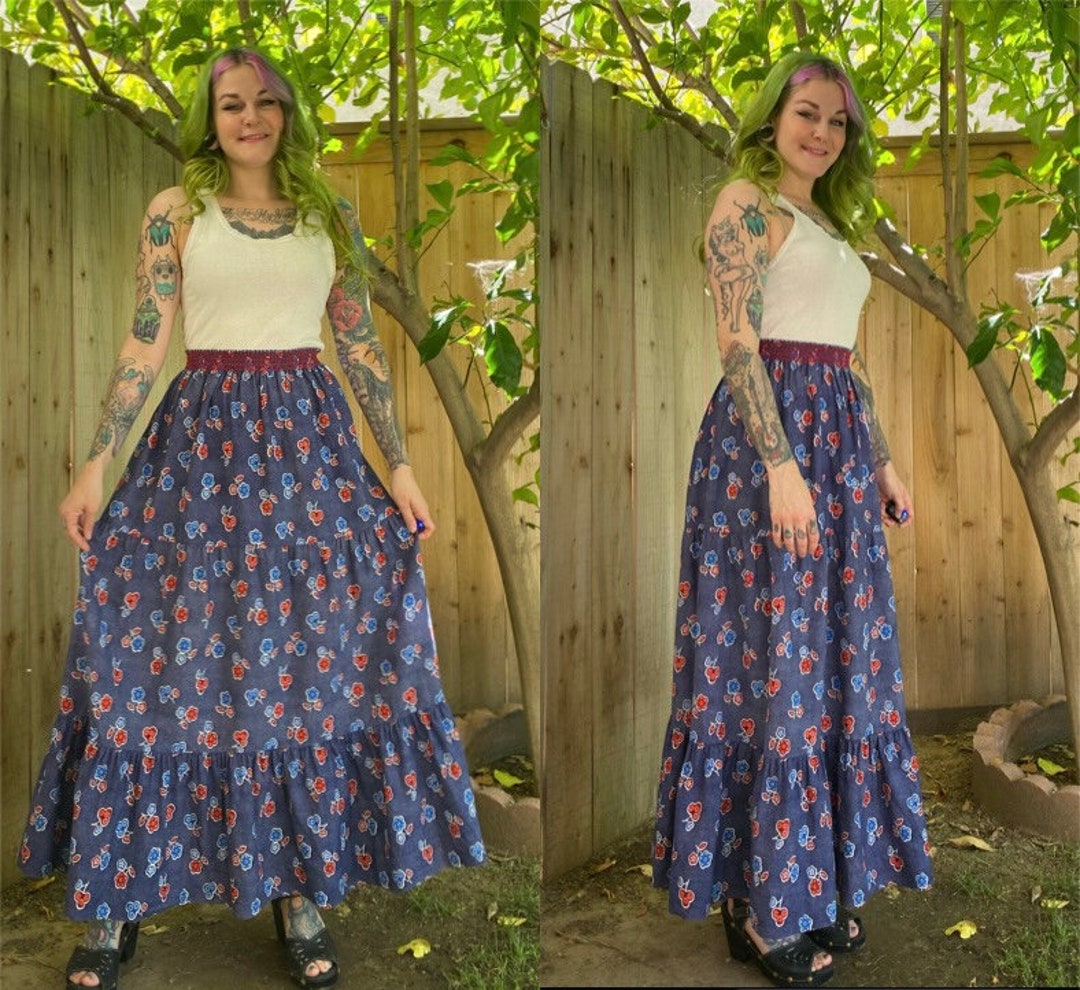 Vintage 1970s Blue Paisley Floral Print Maxi Skirt Retro 70s Etsy