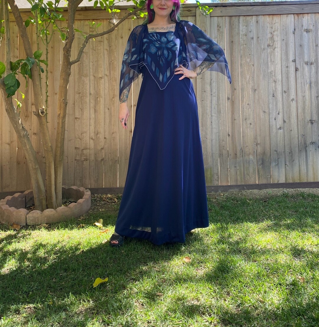 Vintage 1970’s Blue Maxi Dress With Floral Chiffon Top - Etsy