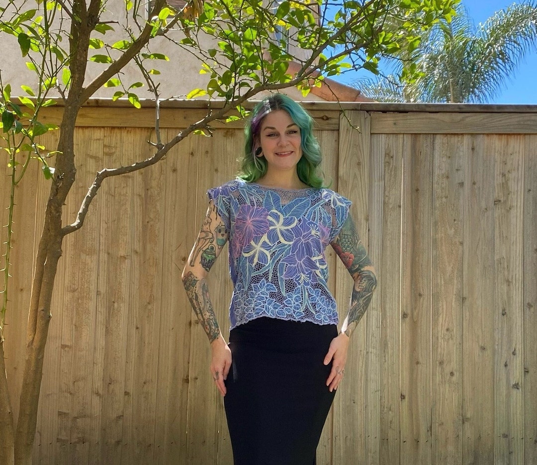 Vintage 1980s Periwinkle Mesh Floral Blouse - Etsy