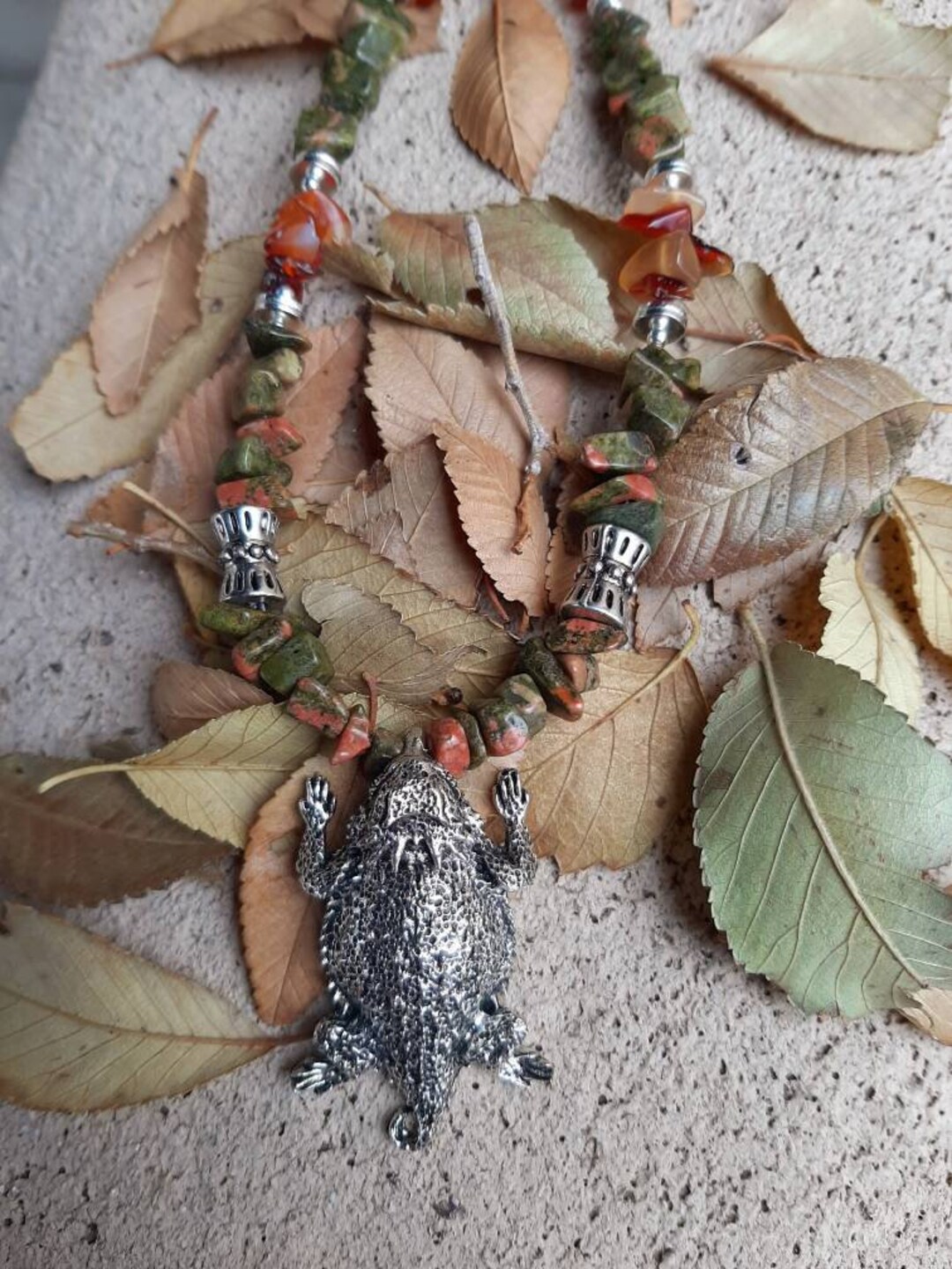 Silver Horned Toad Pendant Necklace With Unakite and Carnelian Semi ...
