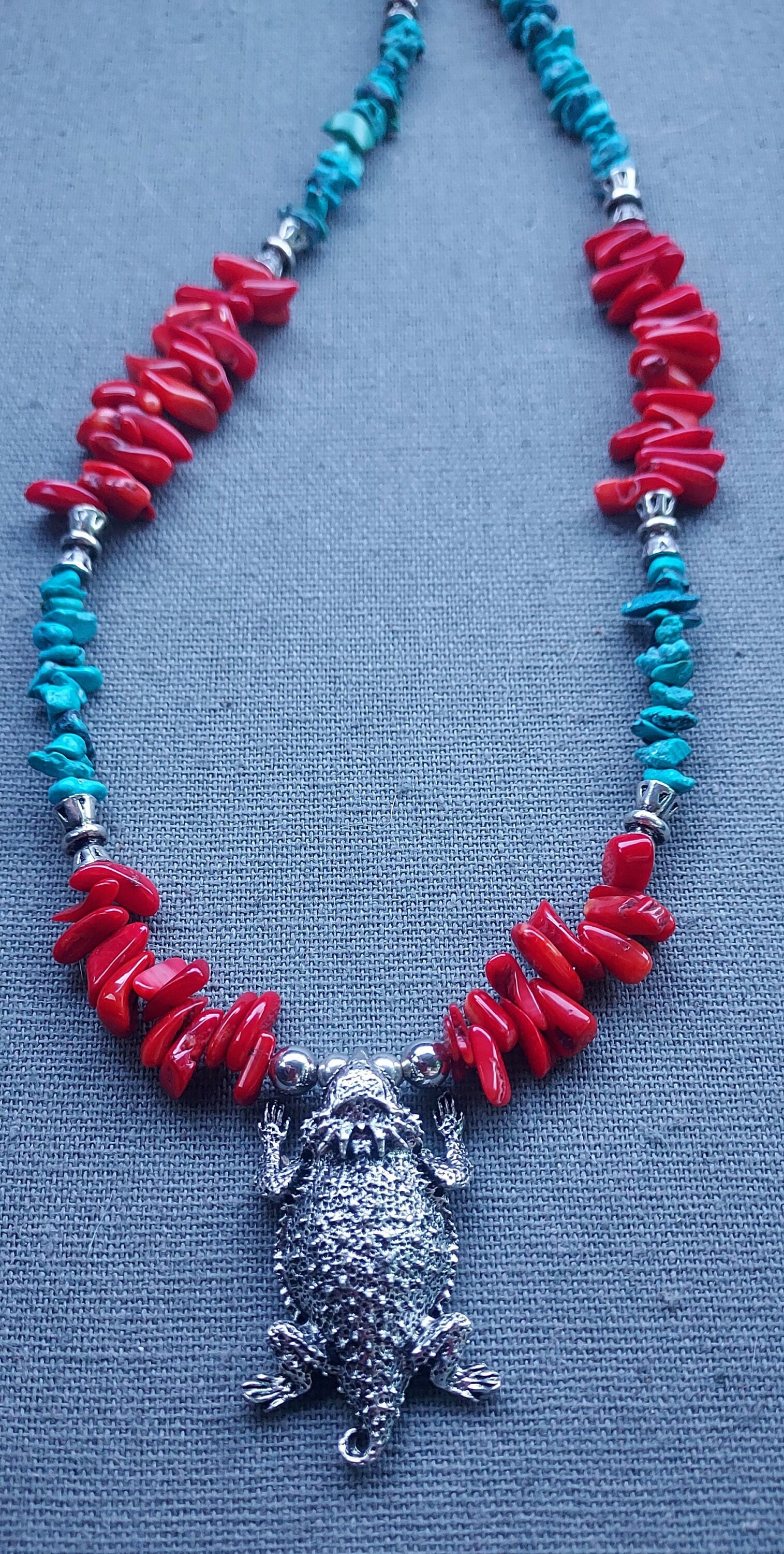 Horned Toad Pendant Necklace With Genuine Turquoise and Red Coral - Etsy