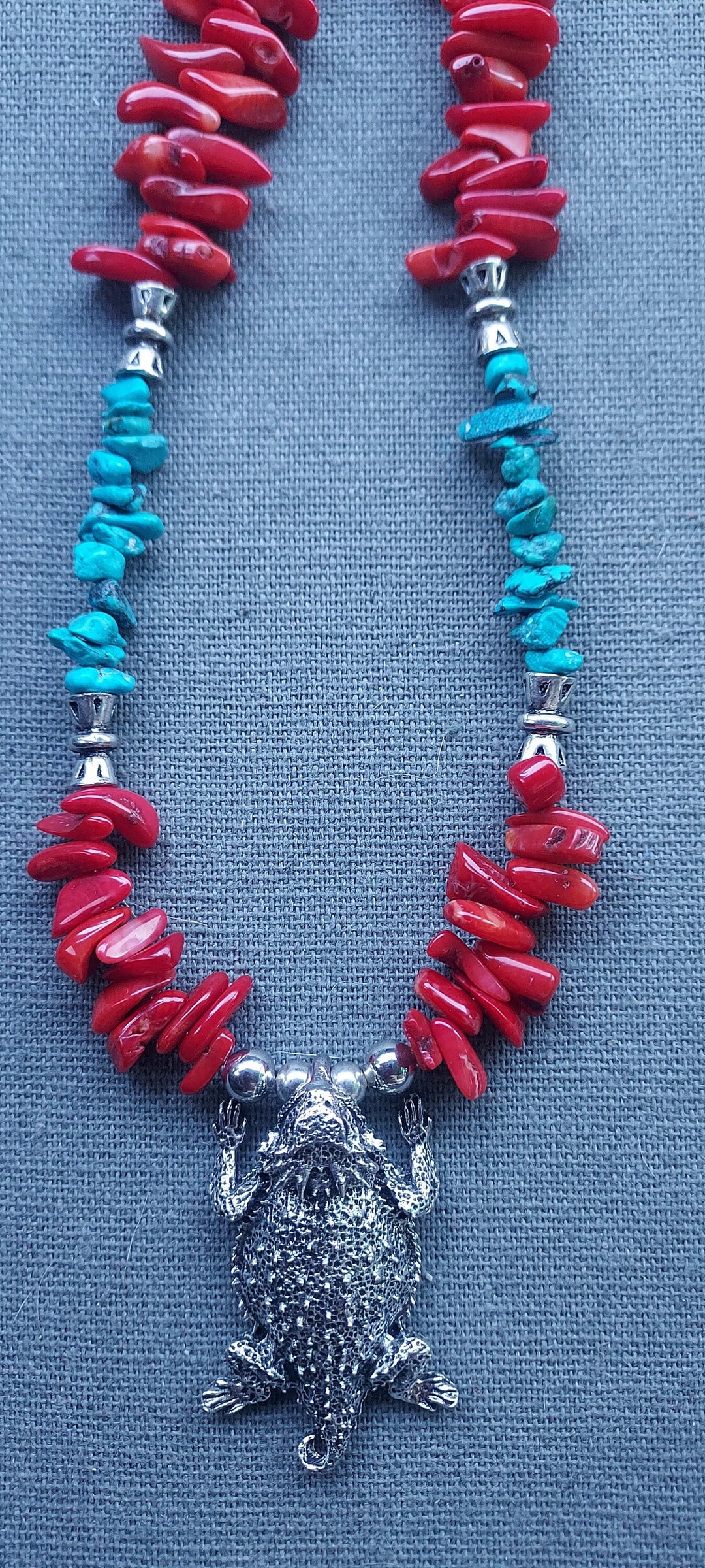 Horned Toad Pendant Necklace With Genuine Turquoise and Red Stones - Etsy