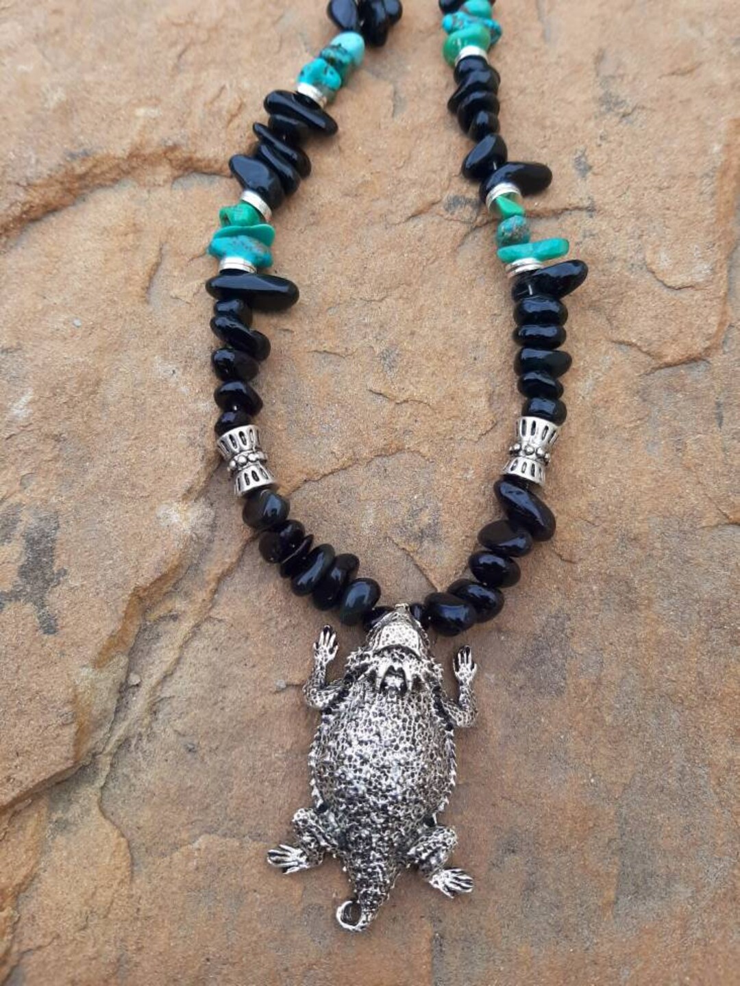 Horned Toad Pendant Necklace With Genuine Turquoise and Oynx Stones - Etsy