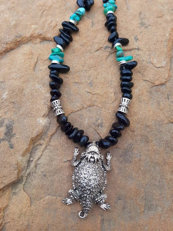 Horned Toad Pendant Necklace With Genuine Turquoise and Oynx - Etsy