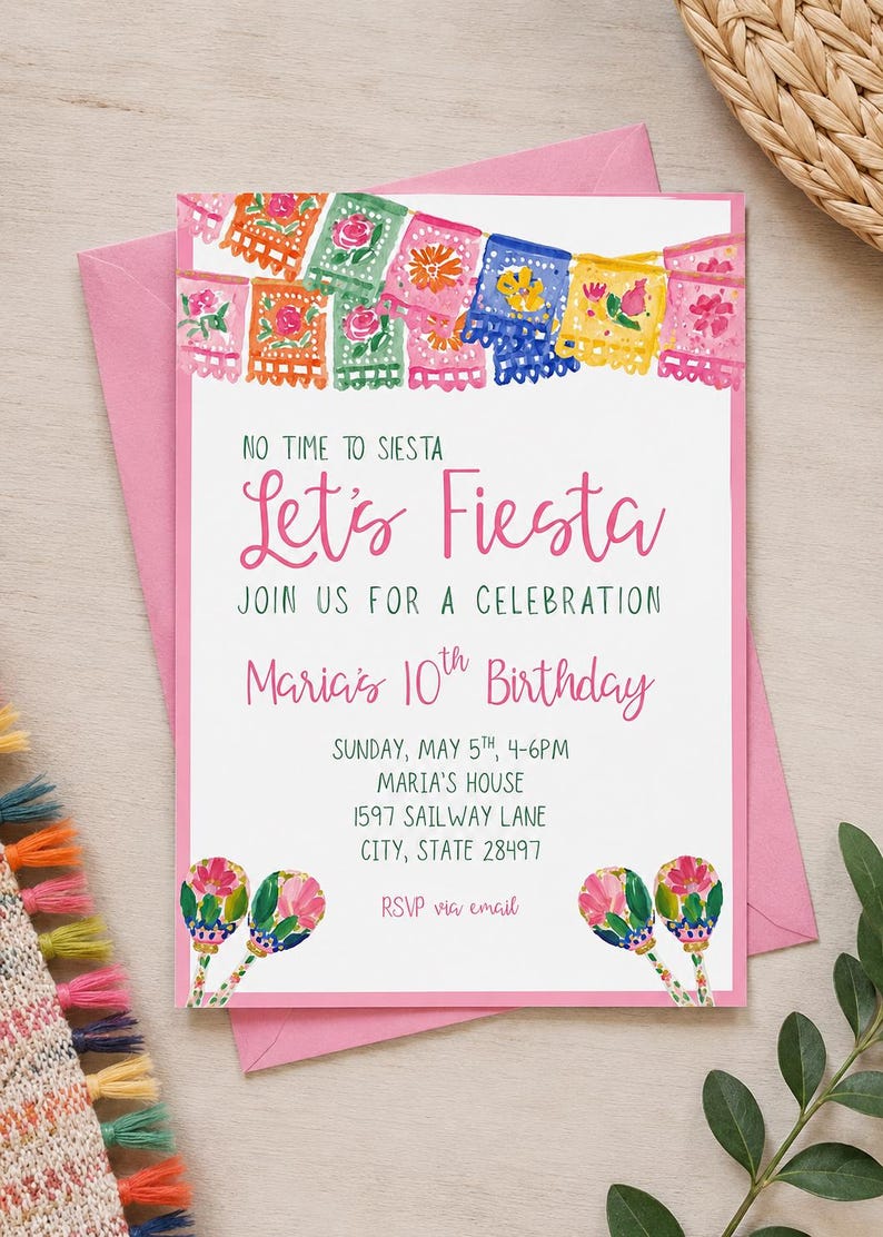 Fiesta Birthday Invitation Template | Papel Picado, Hand-painted ...