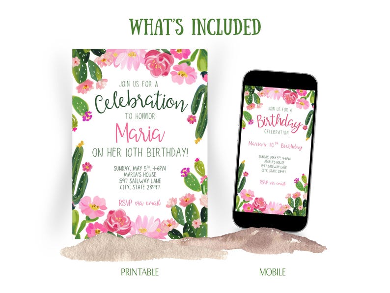 Cactus Floral Fiesta Birthday Invitation | Editable Canva Template ...