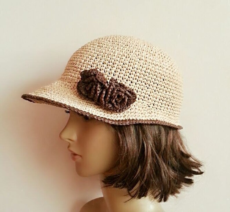 Crocheted Straw Cloche Hatstraw Sun Hat With Flower Etsy