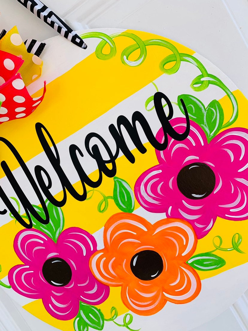 Welcome Front Door Hanger Spring Door Hangers Round Door | Etsy