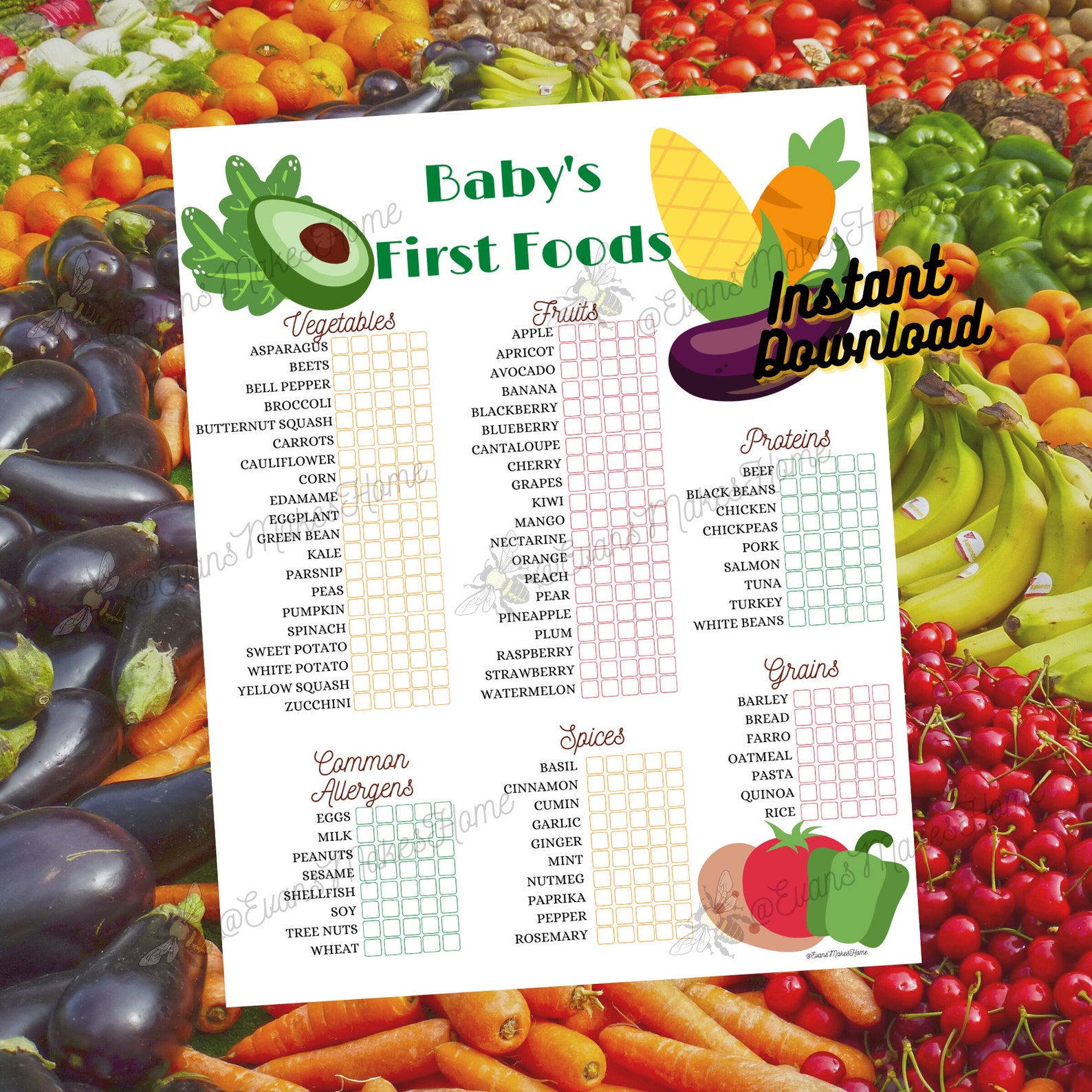Vegetables Baby's First Foods Tracker Baby's First - Etsy