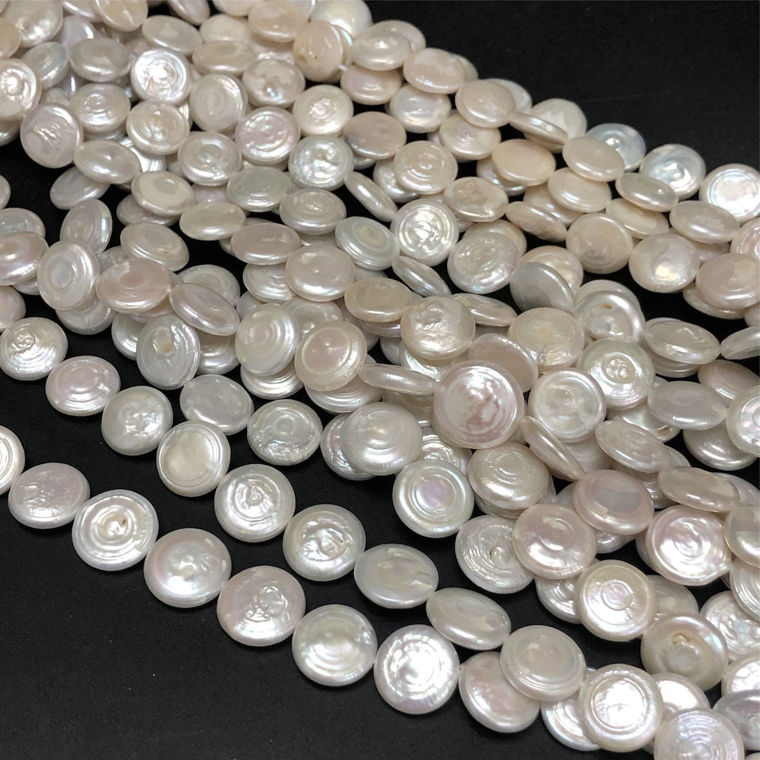 Natural Freshwater Pearl Flat Round Beads, 13-14mm White Pearl Beads ...