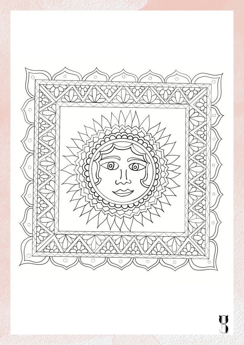 Colouring Page Sun Mithila Art Printable Page for Adults and Kids Line ...