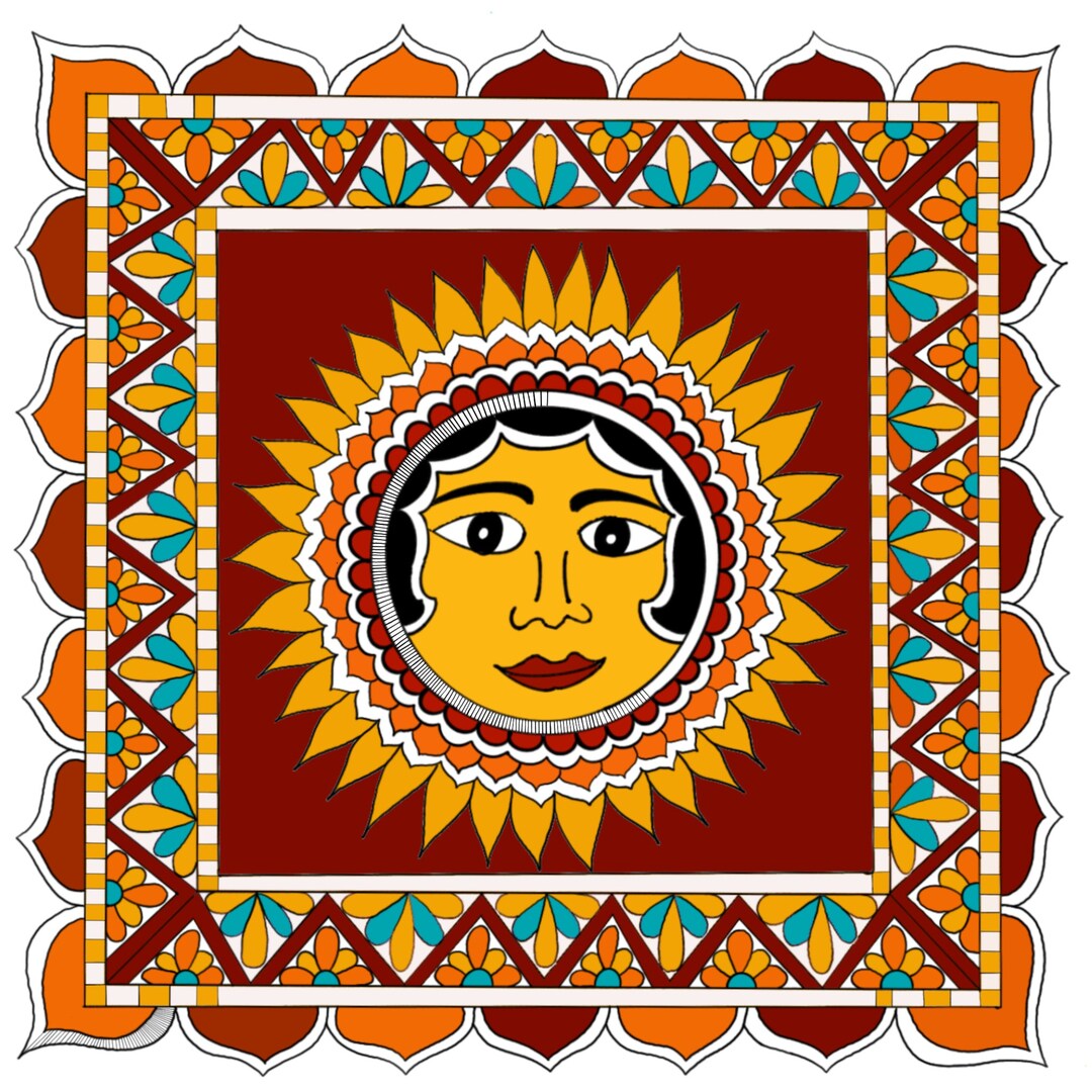 Colouring Page Sun Mithila Art Printable Page for Adults and Kids Line ...