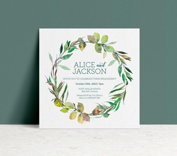 Botanical Engagement Party Invitation Green Wreath Engagement - Etsy