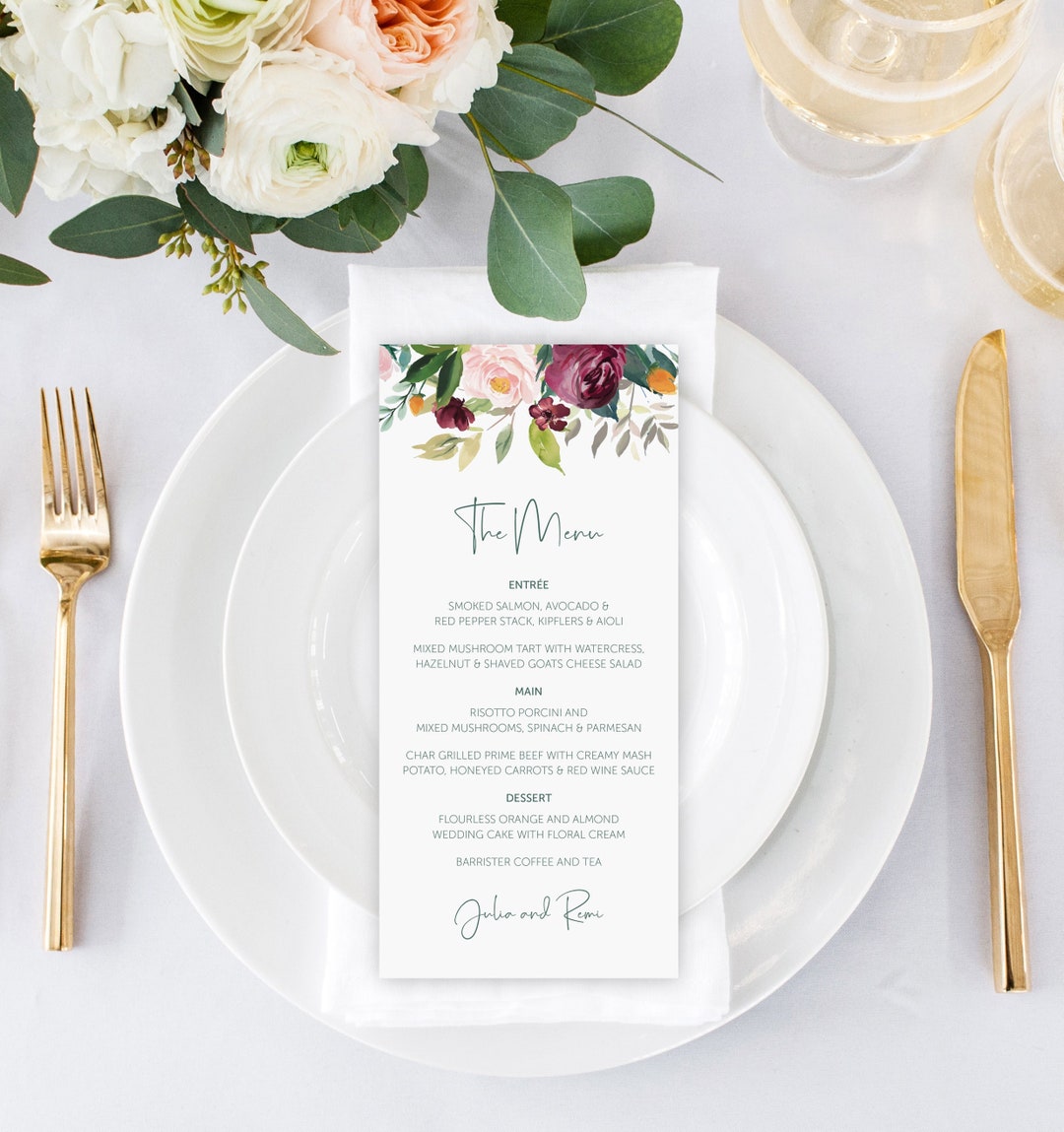 Modern Wedding Menu, Printable Wedding Menu, Watercolour Floral Menu ...