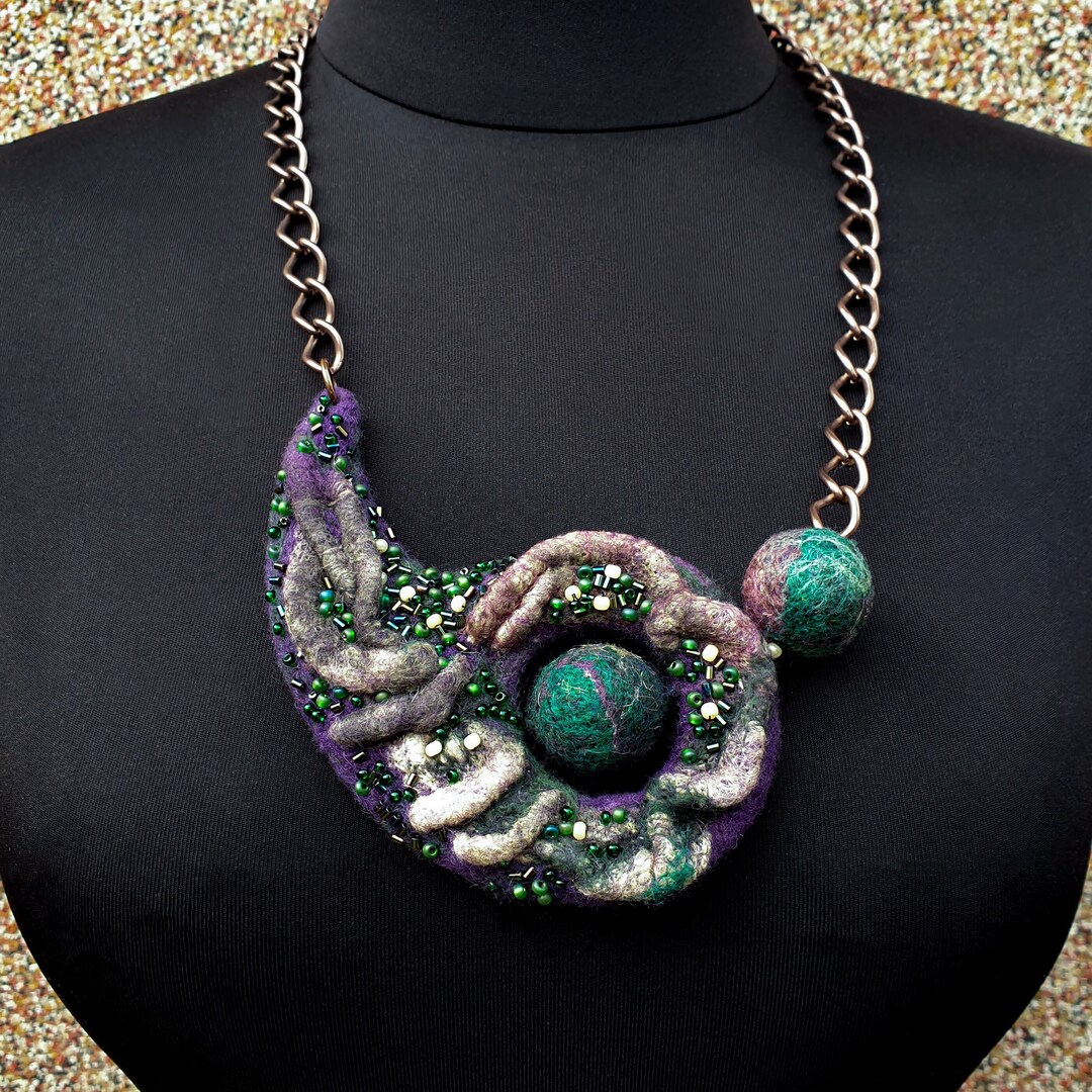 Felted Pendant Decorated With Beads Felt Necklace Felt - Etsy
