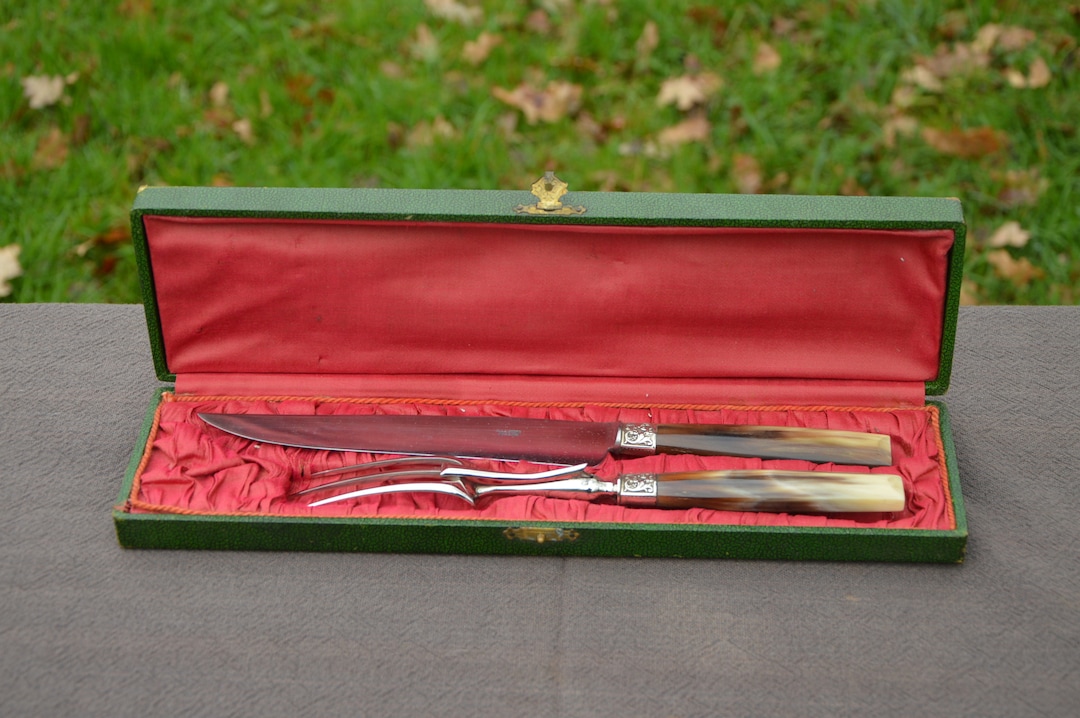 H Le Brun Bayeux Carving Knife French Silver Plate Collar Steel Blade Antique Polished Faux Horn ...