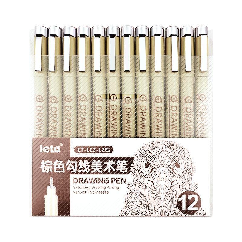 Set of 12 Brown Waterproof Fineliner Drawing Pens, Art Sketch Inking ...
