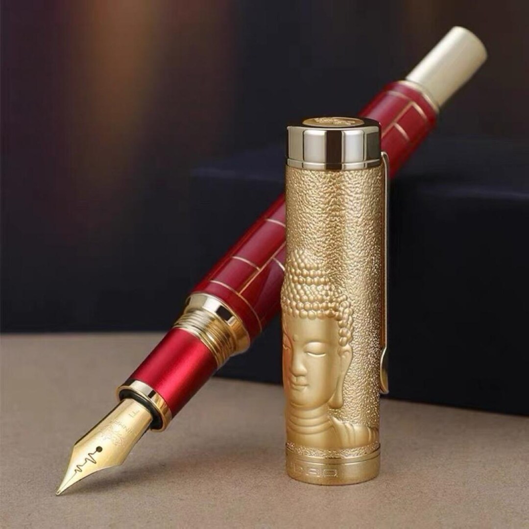 Buddha Engraved Fountain Pen, Red & Gold Robe Design, 0.5mm Fine Nib ...