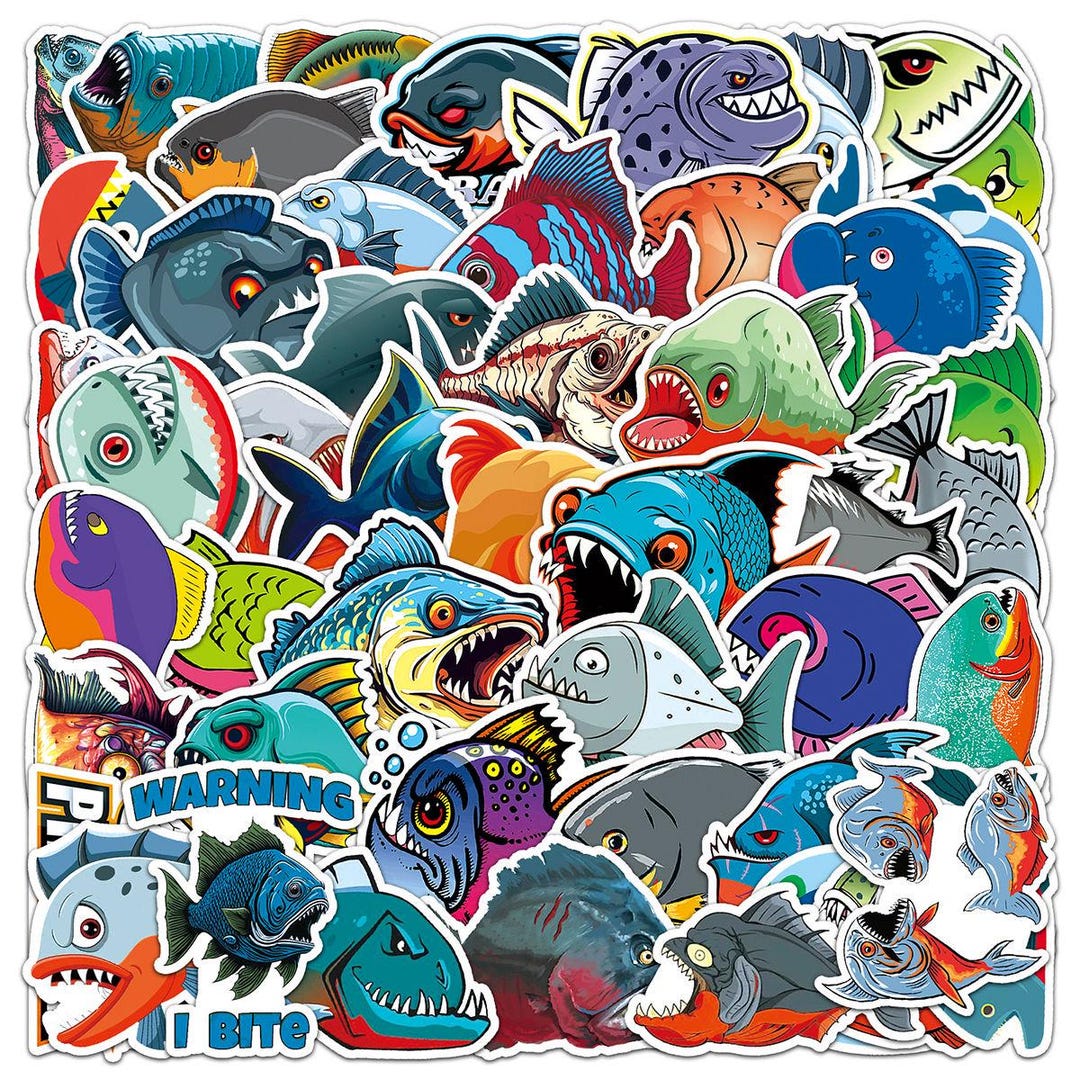 50pcs Cartoon Piranha Stickers Angler Fish Stickers Waterproof Ocean ...